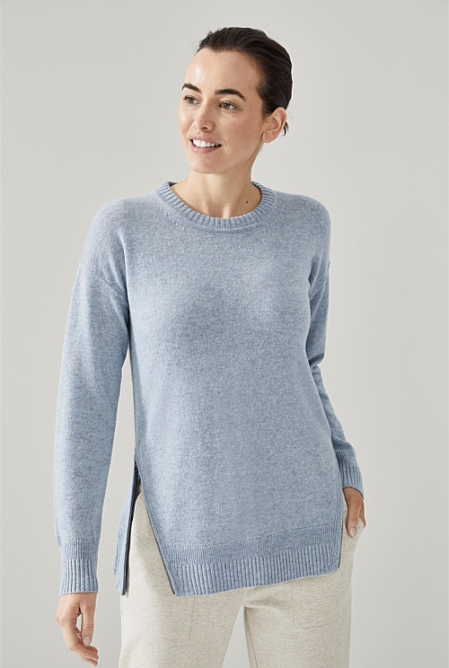 Chambray Blue Wool Zip Detail Pullover - WOMEN Knitwear | Trenery