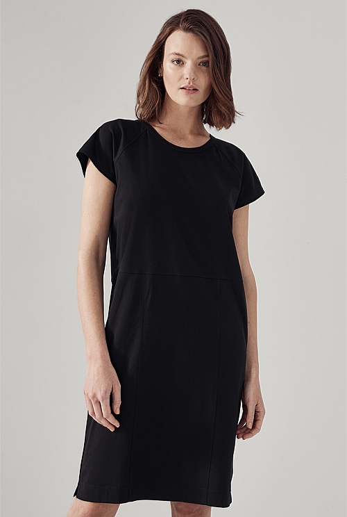 Black Cotton Interlock Panel Detail Dress - WOMEN Dresses | Trenery
