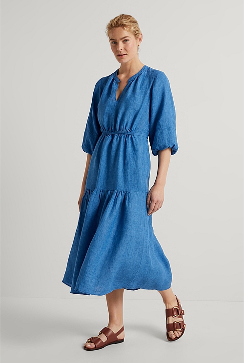 Delft Blue Linen Delave Boho Tiered Dress - WOMEN Dresses | Trenery