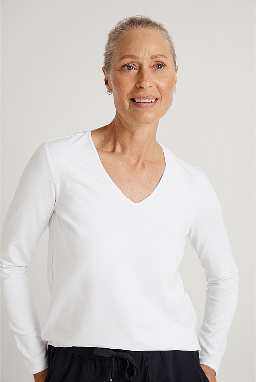 White Organic Cotton V Neck Long Sleeve T-shirt - WOMEN T-Shirts & Tops ...