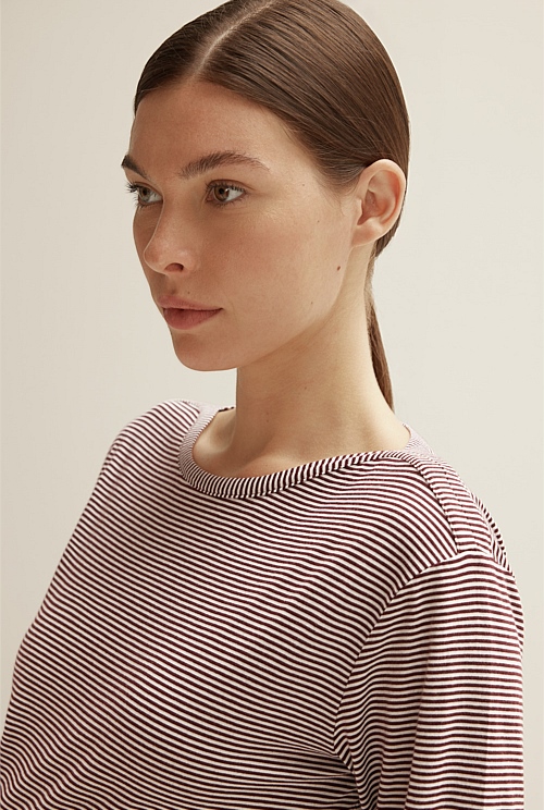 Burgundy Boat Neck Stripe Long Sleeve T-Shirt - WOMEN T-Shirts & Tops ...
