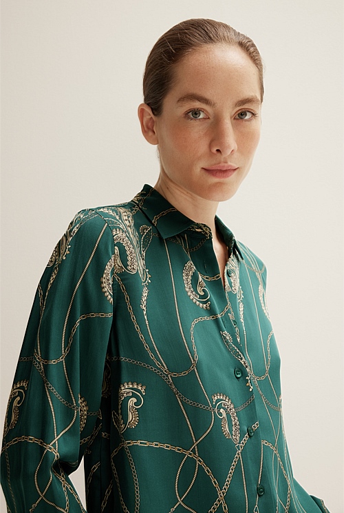 Deep Sea Green Modal Ornate Chain Shirt - WOMEN Shirts | Trenery