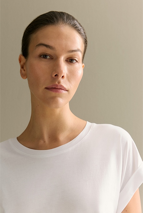 White Pima Cotton Cuff Sleeve T-shirt - WOMEN T-Shirts & Tops | Trenery