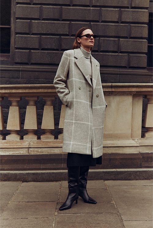 Natural Marle Undyed Wool Blend Check Car Coat - WOMEN Outerwear | Trenery