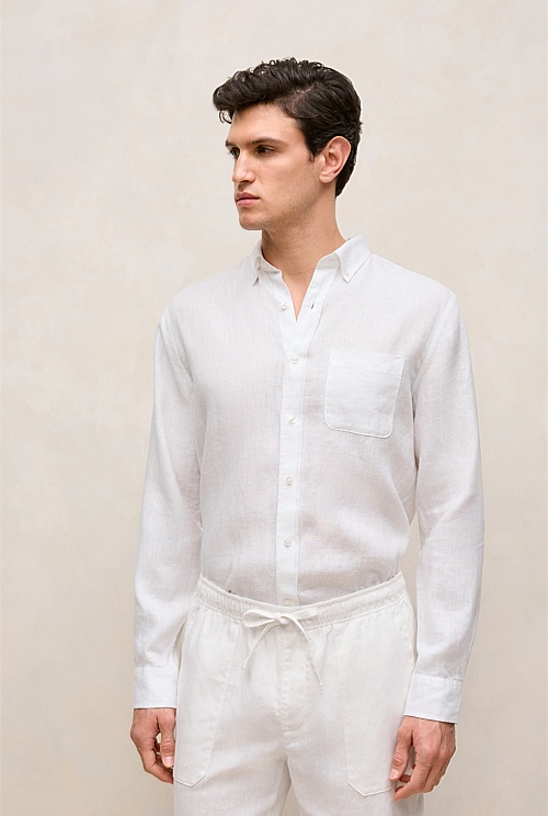 White Regular Fit Linen Long Sleeve Shirt - MEN Travel Capsule | Trenery