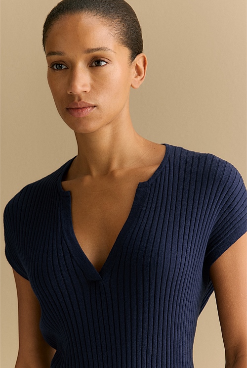 Navy Cotton Cashmere Rib Relaxed T-shirt - WOMEN Knitwear | Trenery