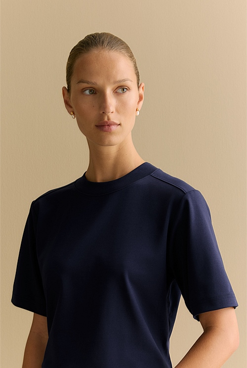 Navy Cotton Modal Interlock T-shirt - WOMEN T-Shirts & Tops | Trenery