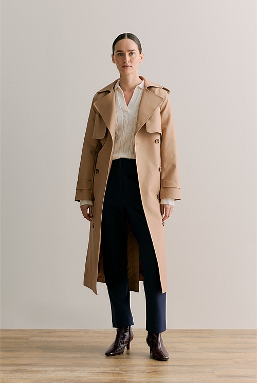 Dark Camel Double Cloth Trench Coat - WOMEN Travel Capsule | Trenery