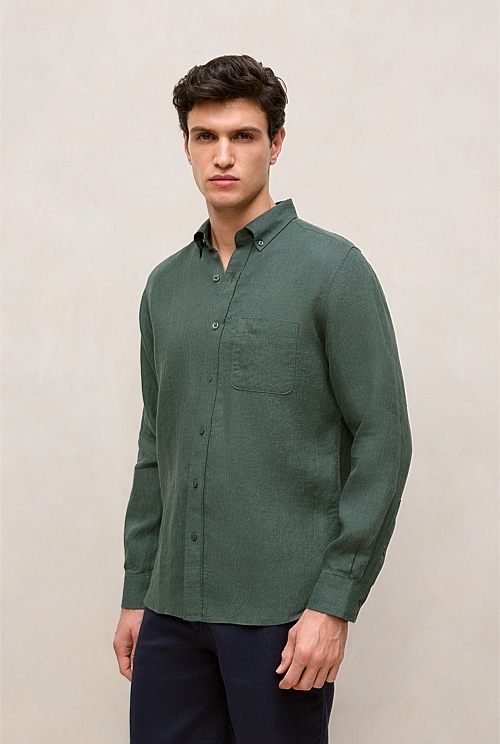 Woodland Green Regular Fit Linen End On End Shirt - MEN Linen Long ...