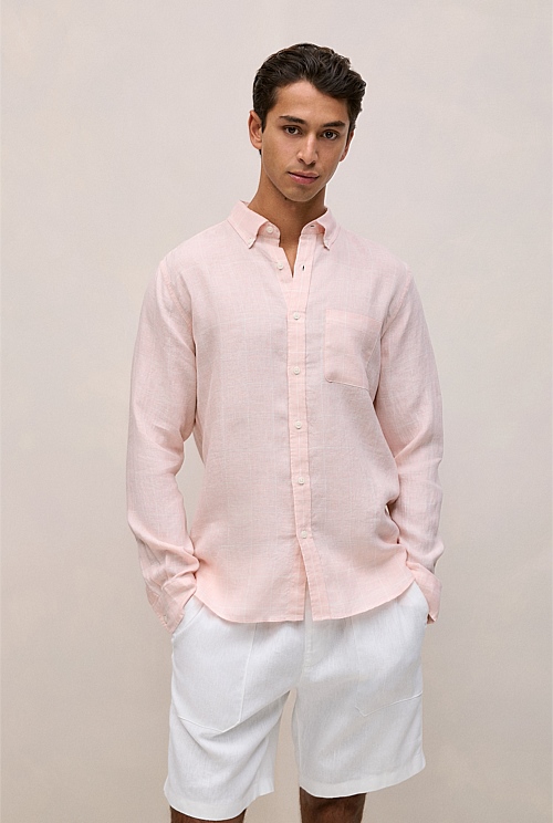 Light Pink Regular Fit Linen Glen Check Shirt - MEN Shirts | Trenery