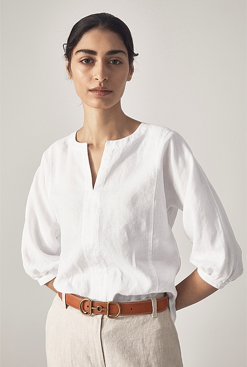 White Linen Vent Neck Top - WOMEN T-Shirts & Tops | Trenery