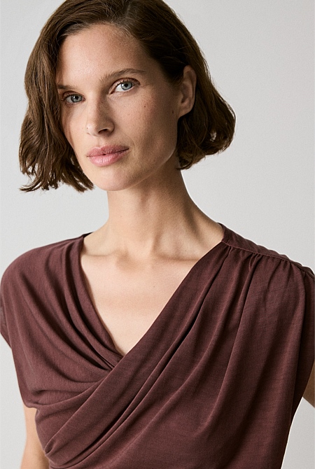 Chocolate Draped Cap Sleeve T-Shirt - WOMEN T-Shirts & Tops | Trenery