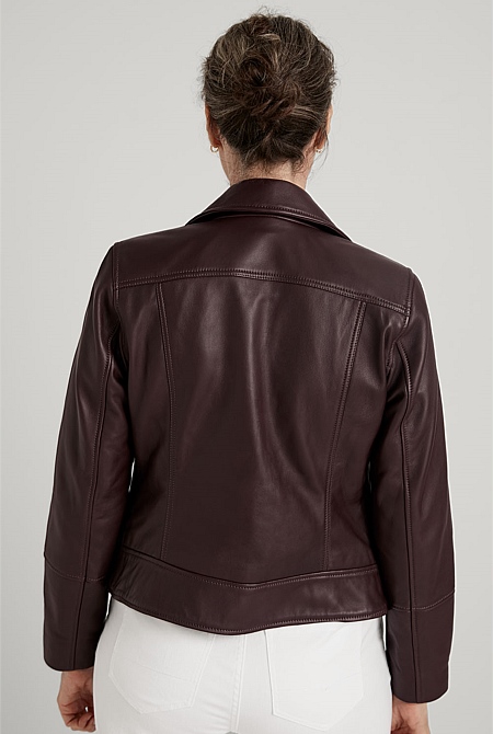 Bordeaux Leather Biker Jacket - WOMEN Jackets & Coats | Trenery
