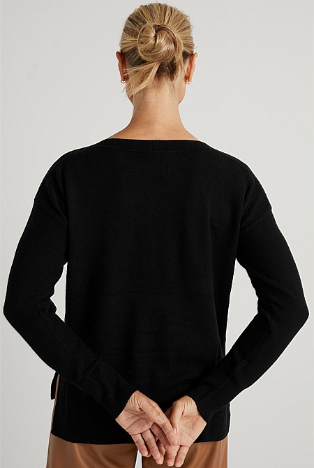 Black Merino Boat Neck Pullover - WOMEN Knitwear | Trenery