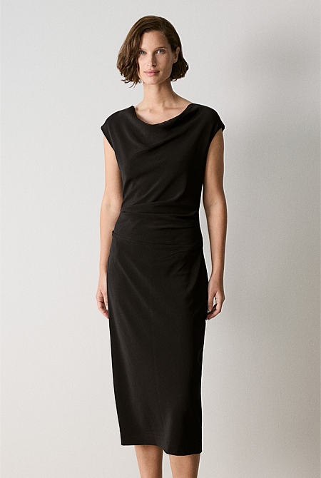 Black Jersey Ottoman Ruched Front Dress - WOMEN Dresses | Trenery