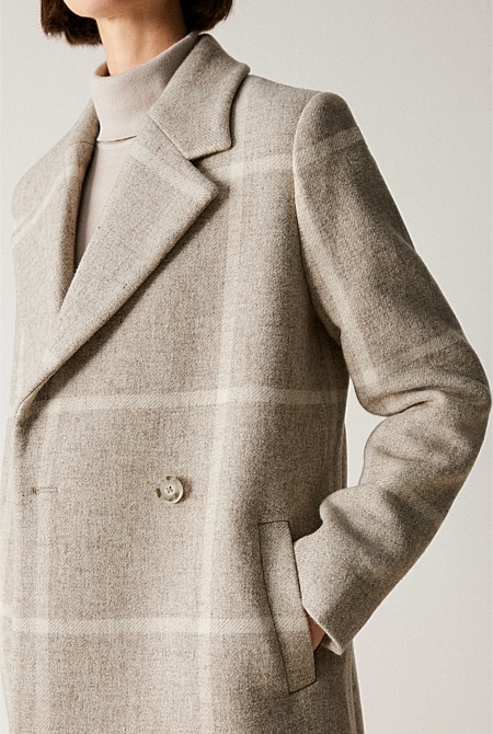 Natural Marle Undyed Wool Blend Check Car Coat - WOMEN Outerwear | Trenery